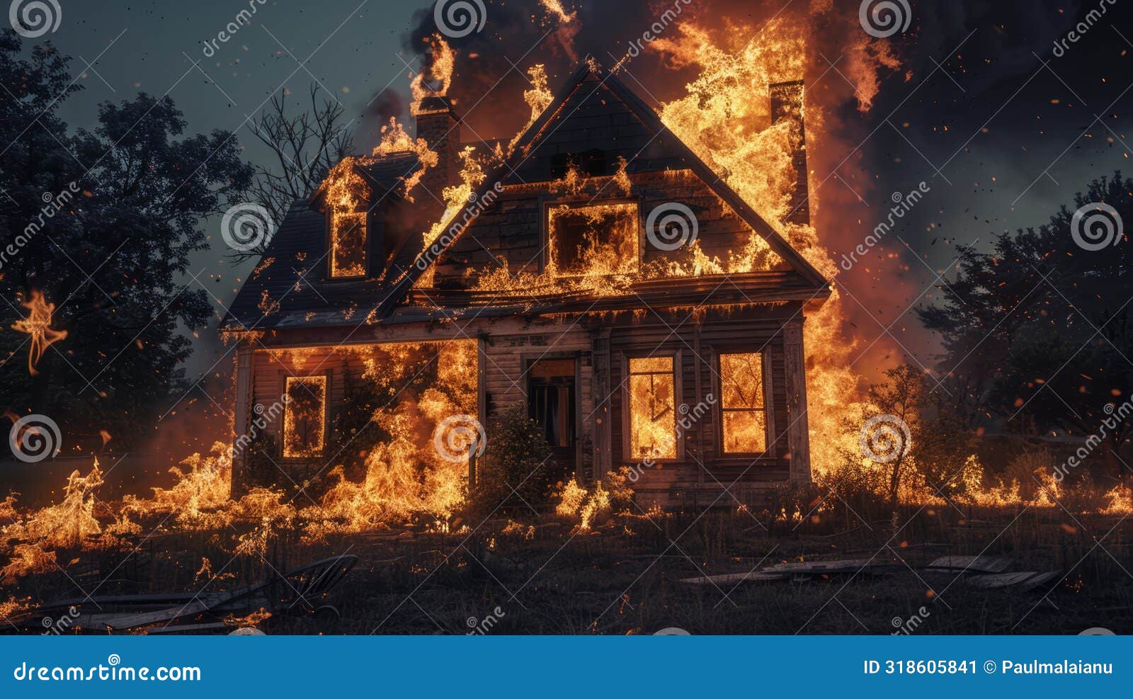 House Burning Down during the Night. Stock Illustration - Illustration ...
