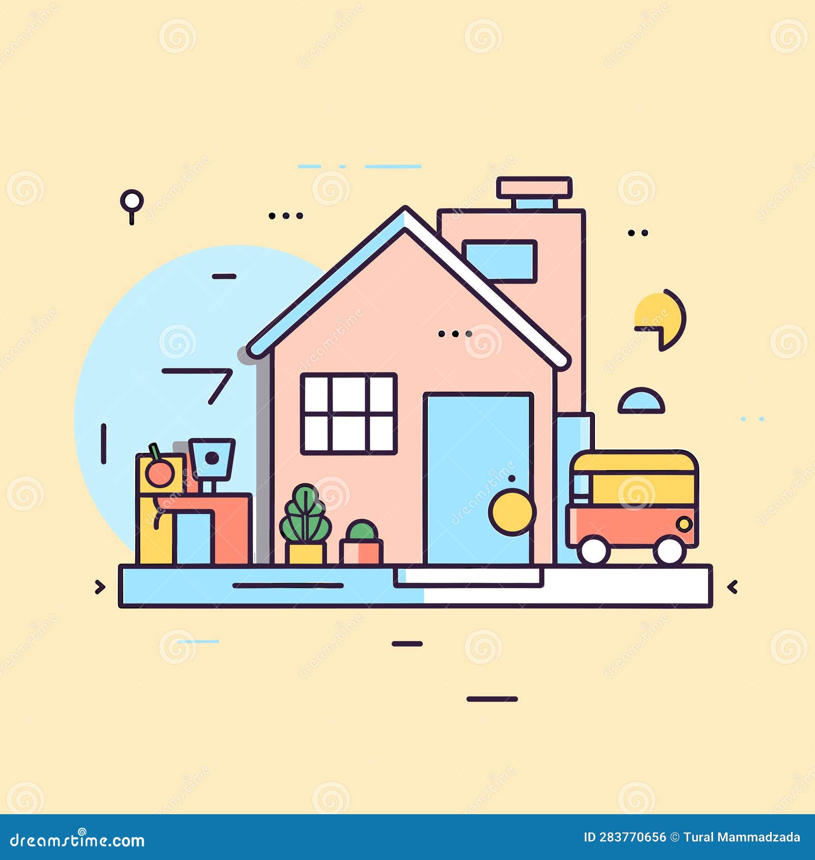 Vector of a House with a Bus and a Cactus in Front of it Stock Vector ...
