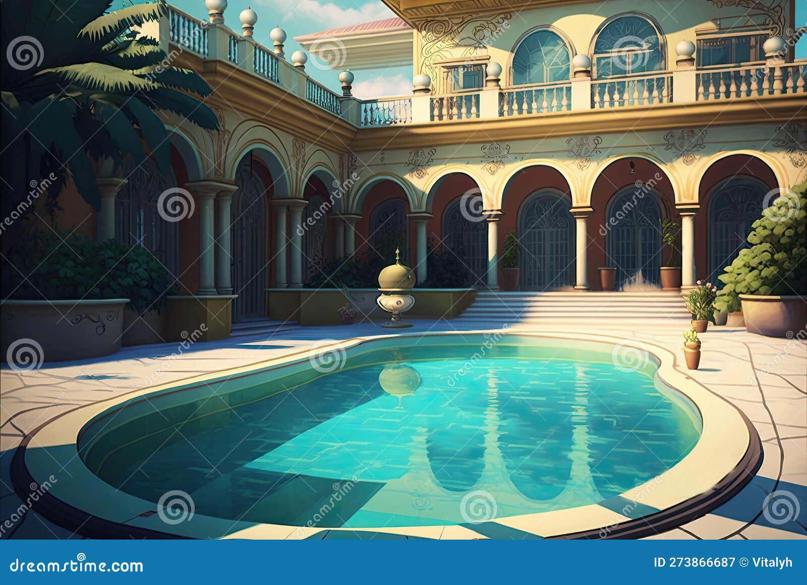 House in Classical Style with a Courtyard Featuring Arches, Columns ...