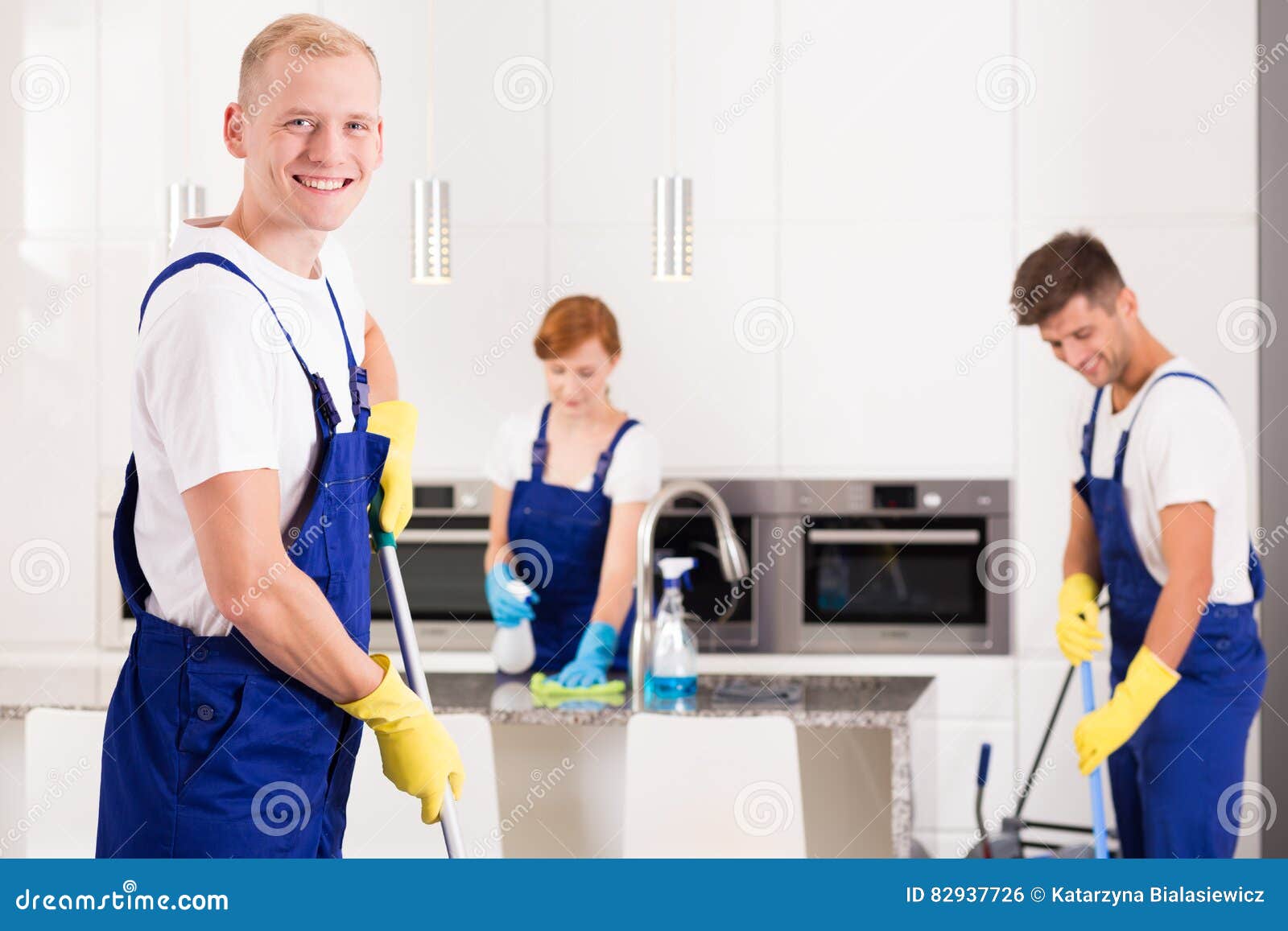 House cleaner with friends stock photo. Image of apartment - 82937726