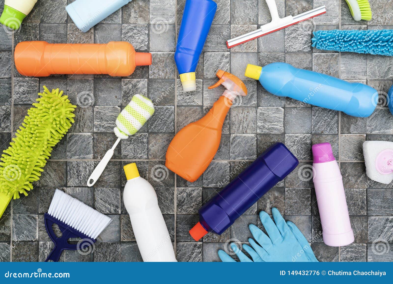 House Cleaning Product on Tiled Floor Background Stock Photo - Image of ...