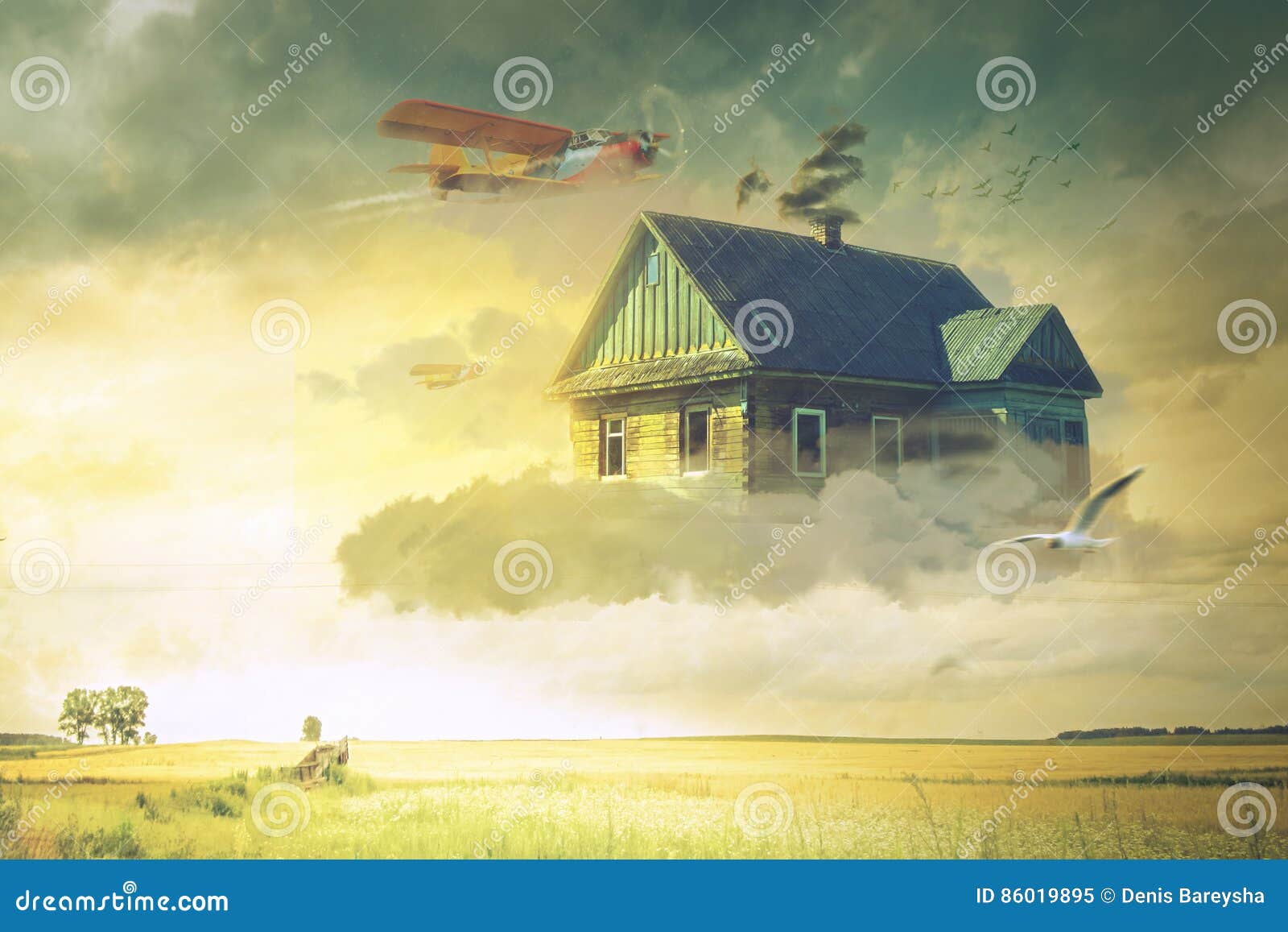 The House in the Clouds Hovering Above the Ground Stock Image - Image ...
