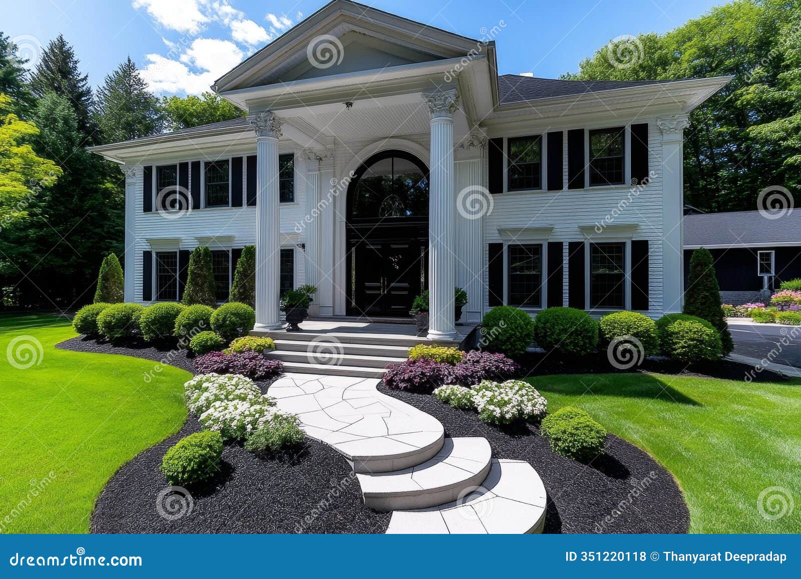 House, Colonial Style, Classic Symmetry Features Columns, Shutters, and ...