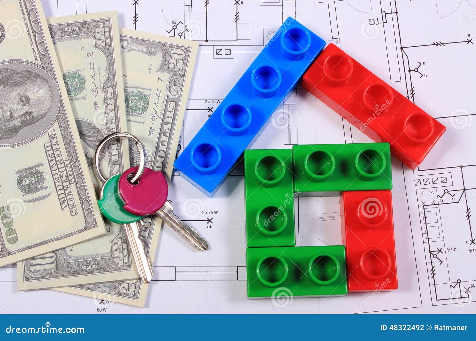 House of Colorful Building Blocks, Keys and Banknotes on Drawing Stock ...