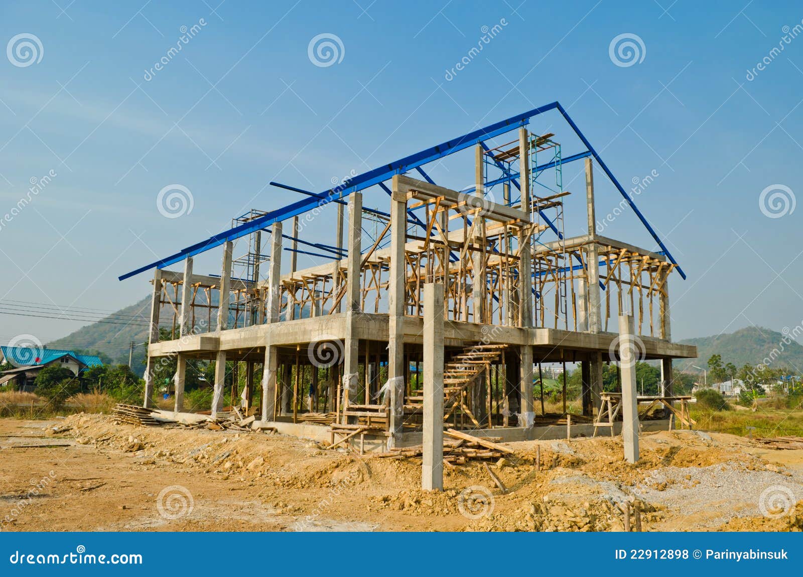 House Construction in Development Stock Photo - Image of home, blue ...