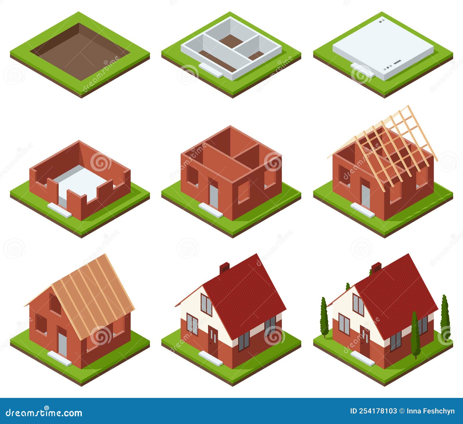 House Construction Isometric Set Stage-by-stage. Visualization of ...