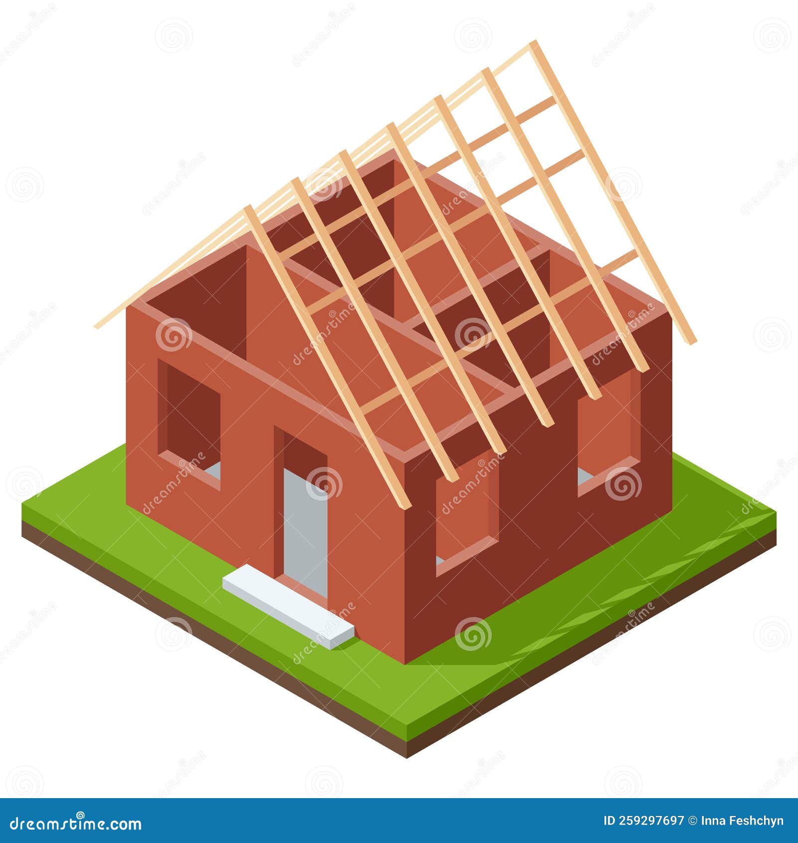 Isometric Set Stage-by-stage Construction Of A Blockhouse. House ...