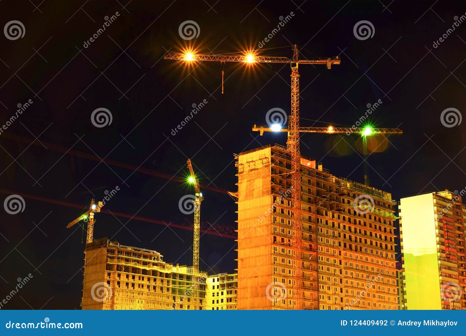 House Construction. Night Snapshot. Tower Crane. Stock Photo - Image of ...