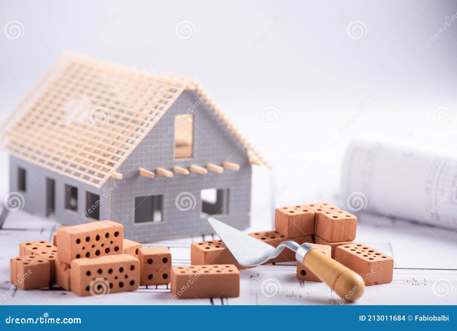 House in Construction - Project with Brick and Blueprint Stock Photo ...