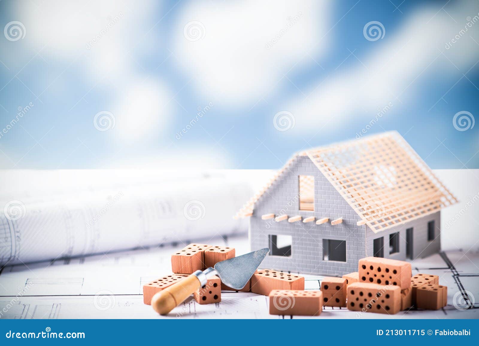 House in Construction - Project with Brick and Blueprint Stock Image ...