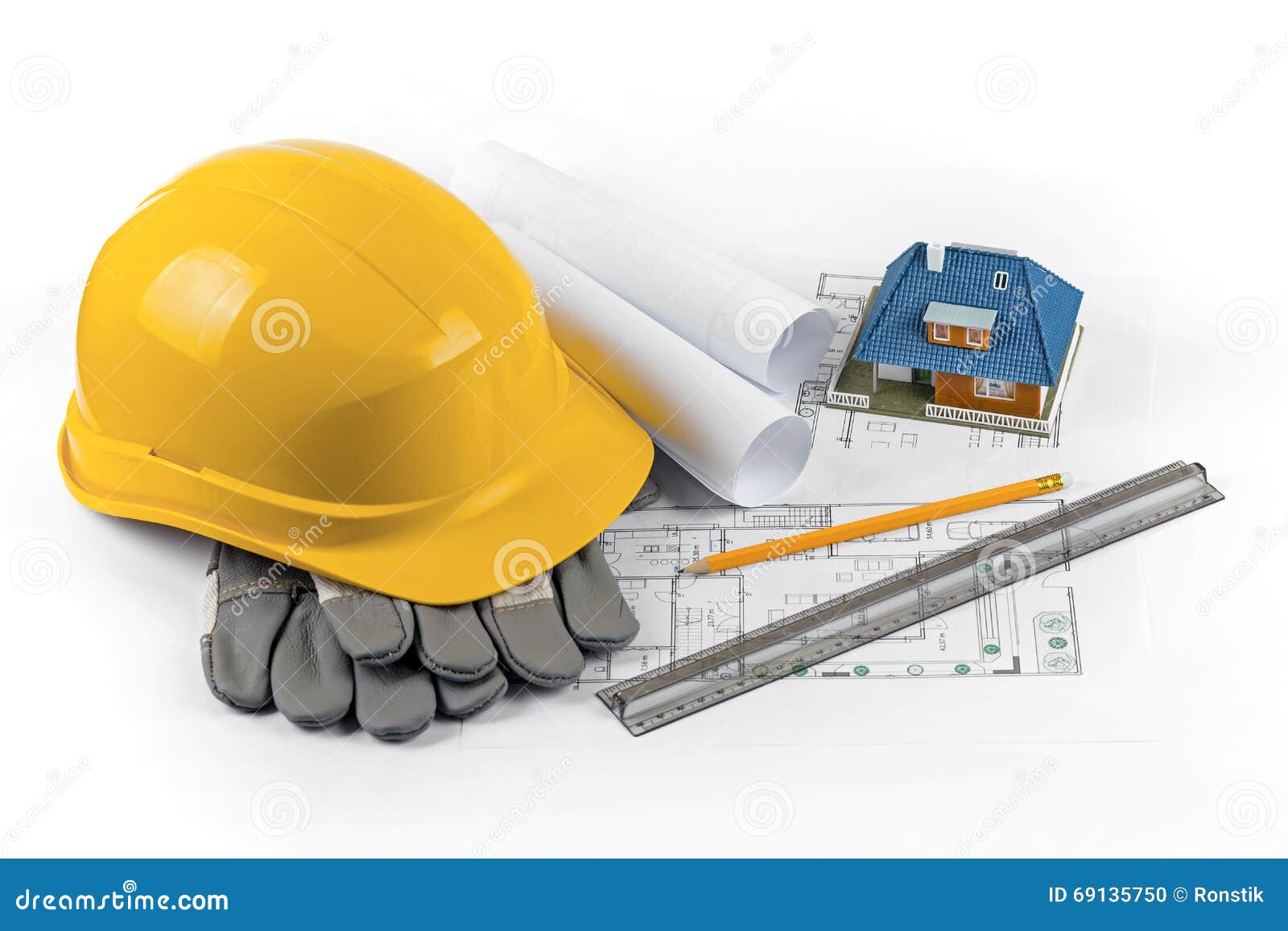 House Construction Project - Tools and Equipment on Blueprints Stock ...