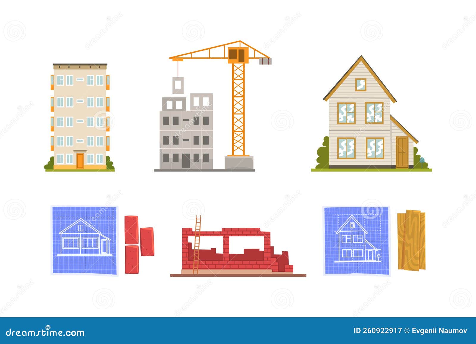 House Construction Site with Building Architecture Stage Vector Set Stock Vector - Illustration ...