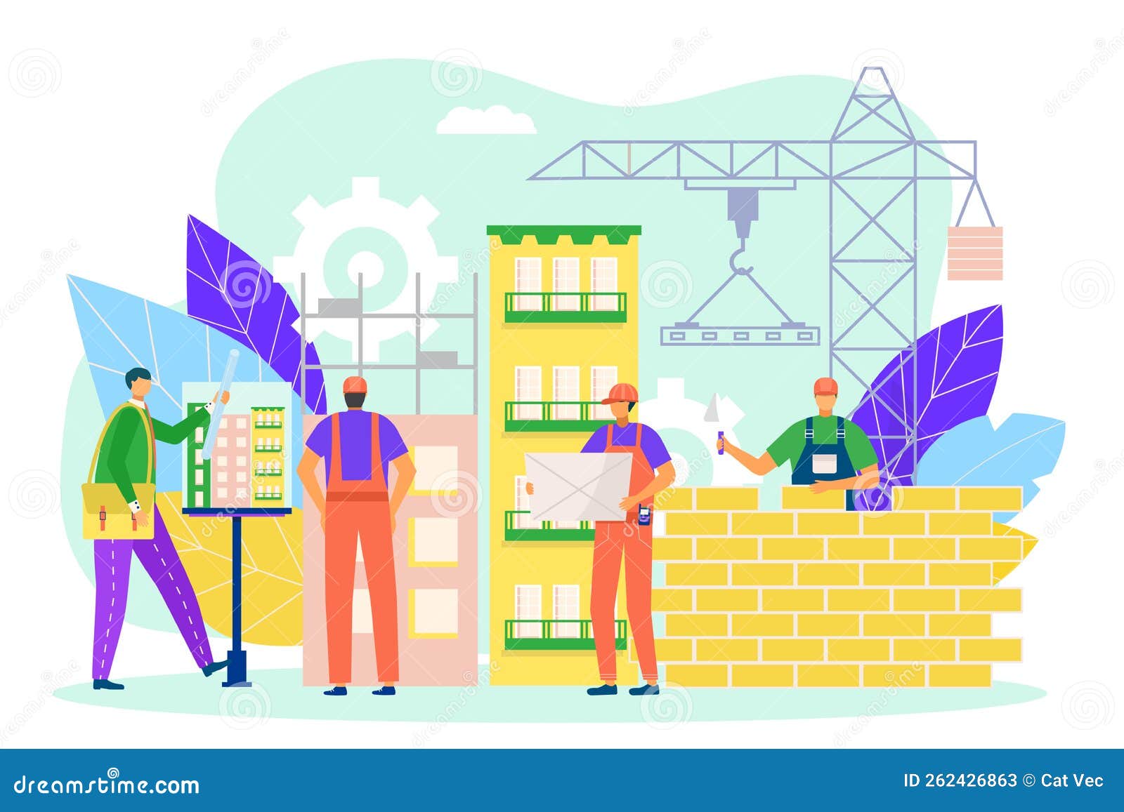 House Construction, Vector Illustration. Home Building Work Concept ...