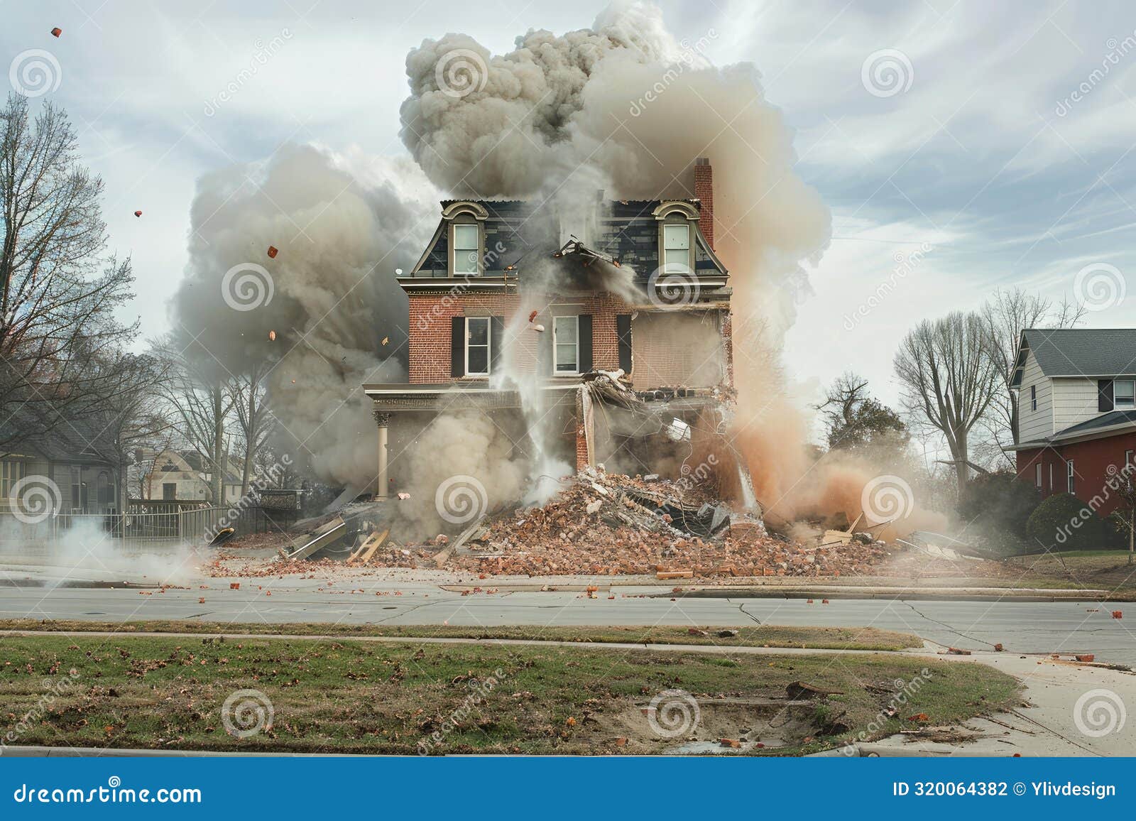 House Demolition in Progress with Explosive Cloud Stock Photo - Image ...