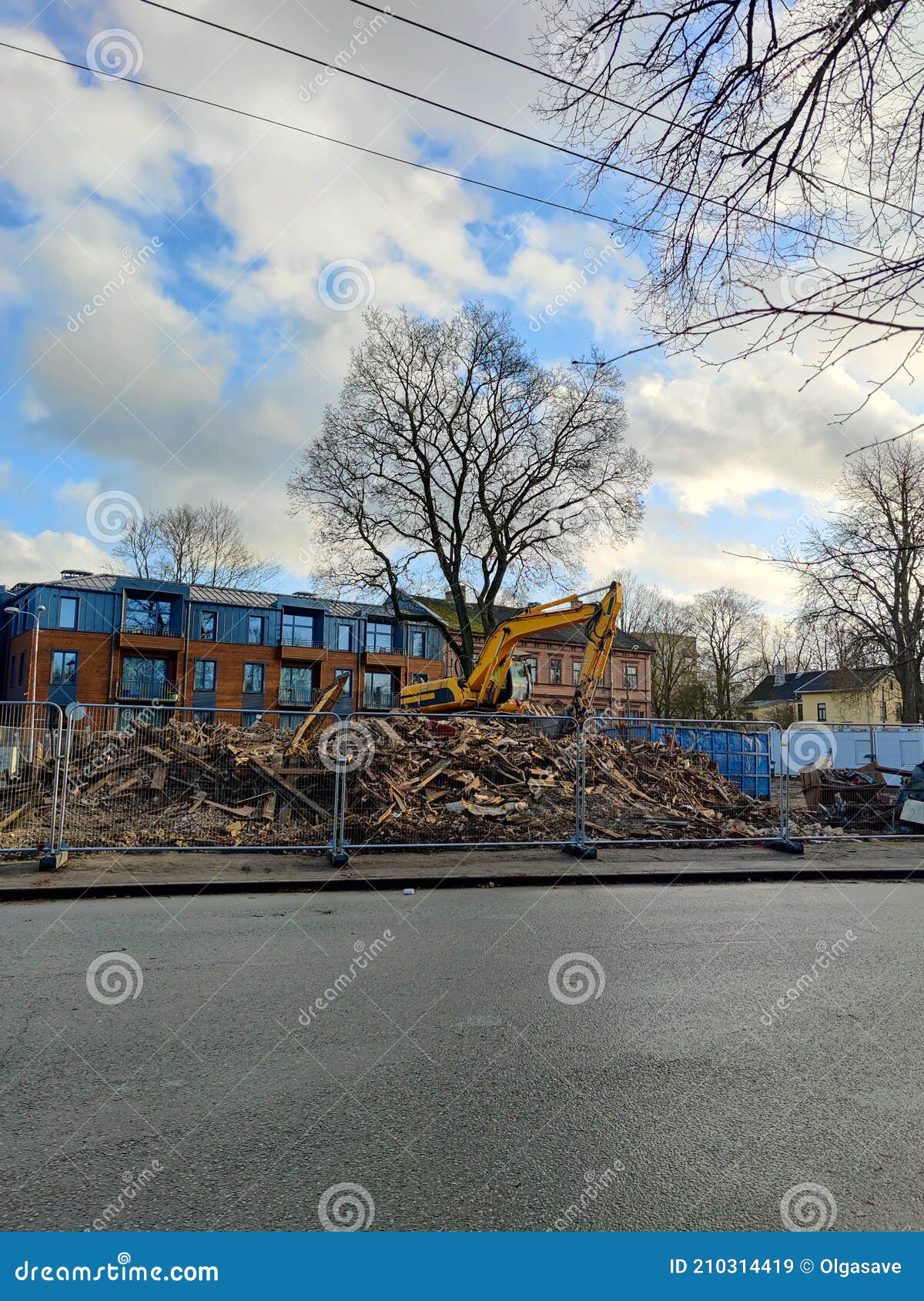 House Crushing And Collapse. Excavator Destroying Brick House On Land ...