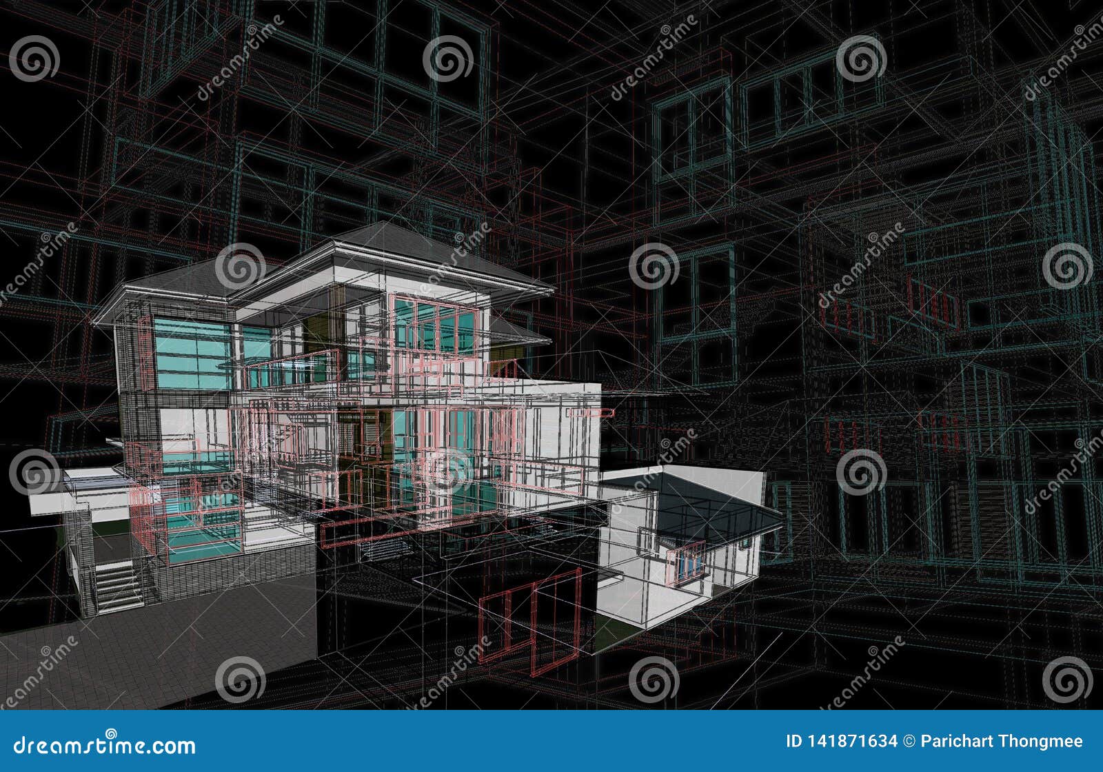 House Design Concept 3d Perspective Wire Frame with Material Rendering ...