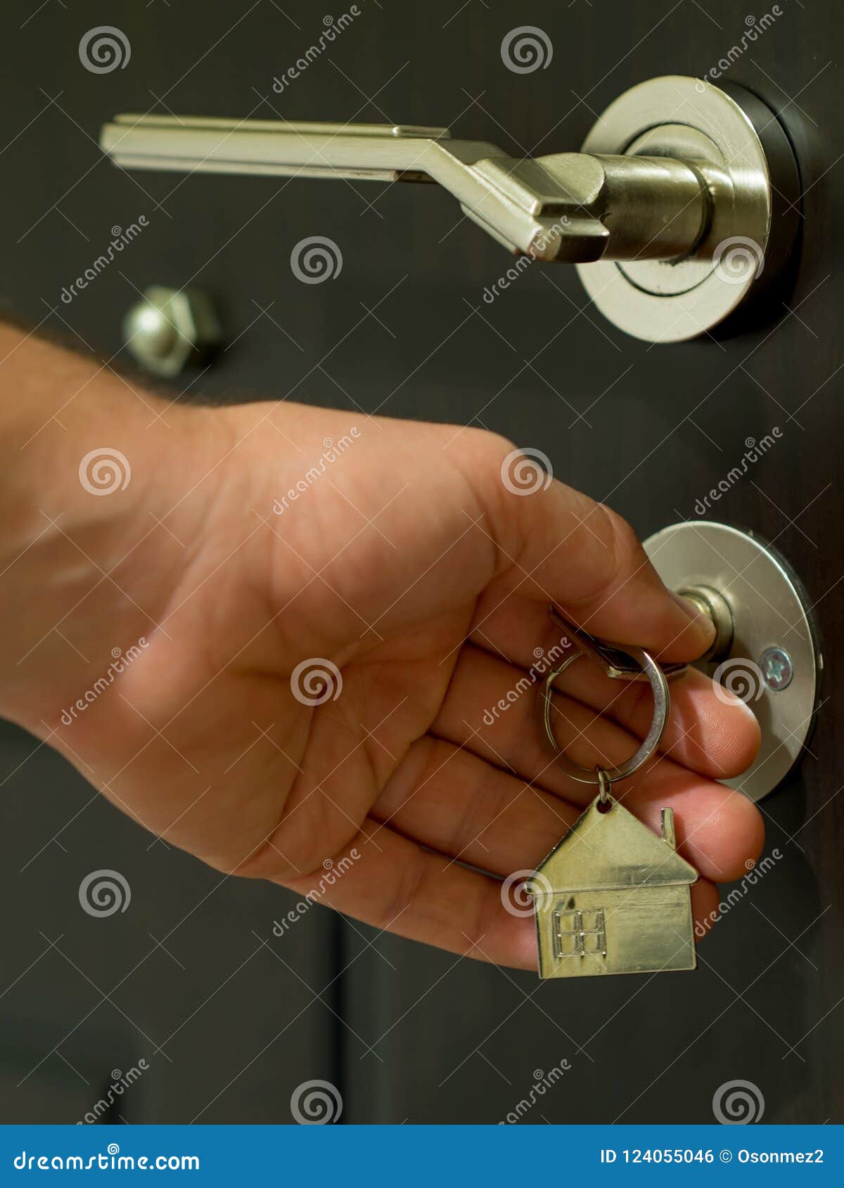 House Door Lock on Key with Keychain Stock Photo - Image of lock, front ...