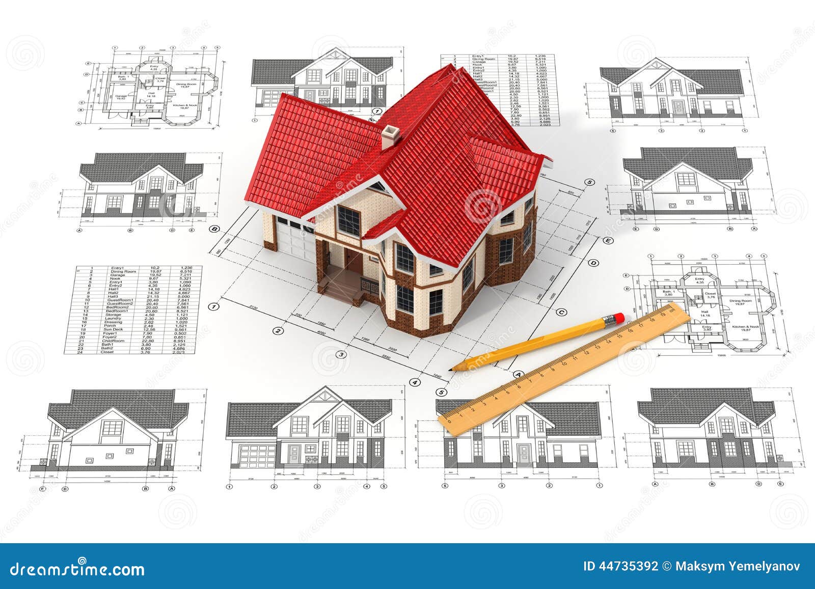 House On The Drafts In Different Projections And Blueprints. Royalty ...