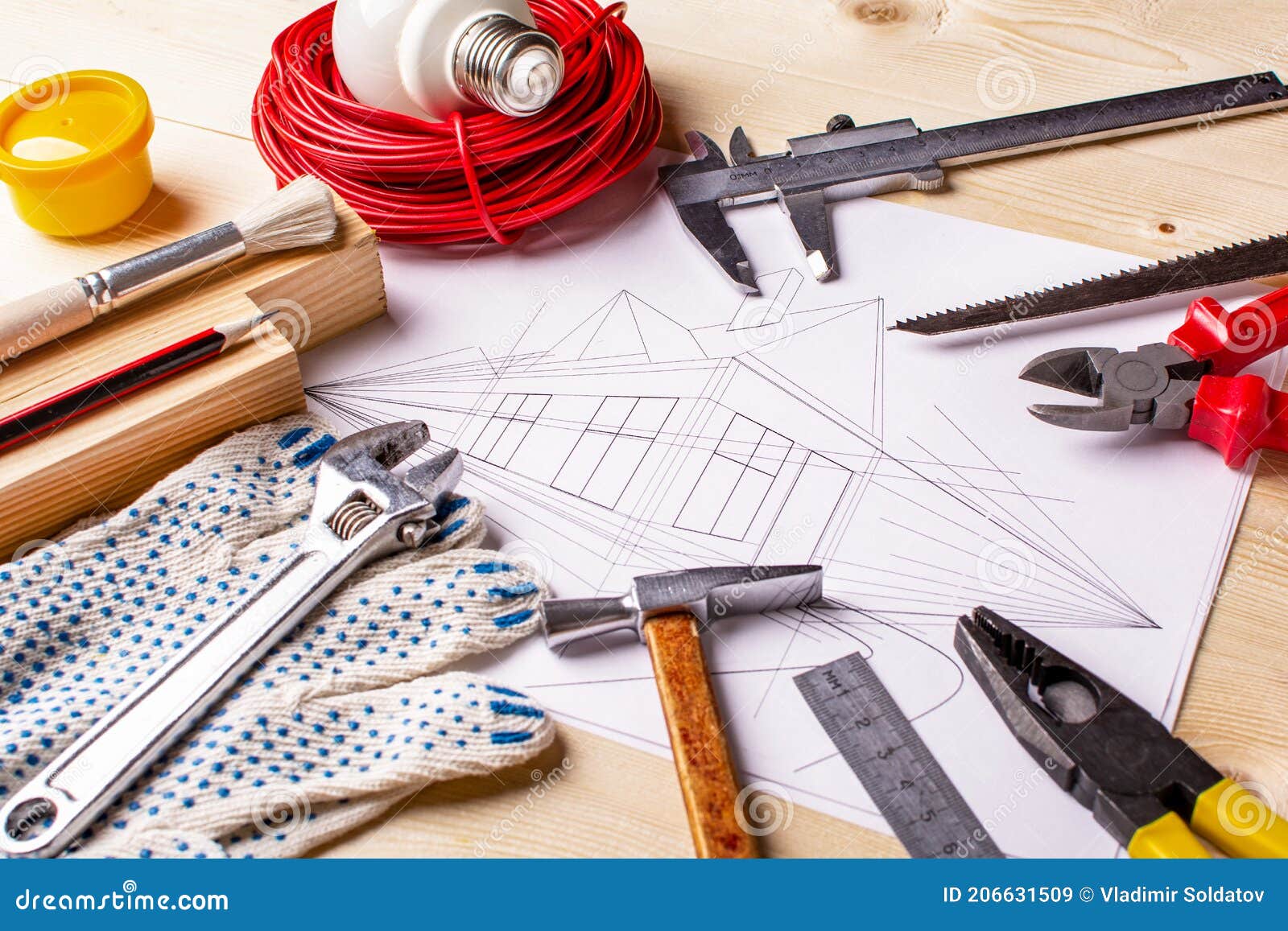 House Drawing and Working Tools. Concept of Home Improvement Stock ...