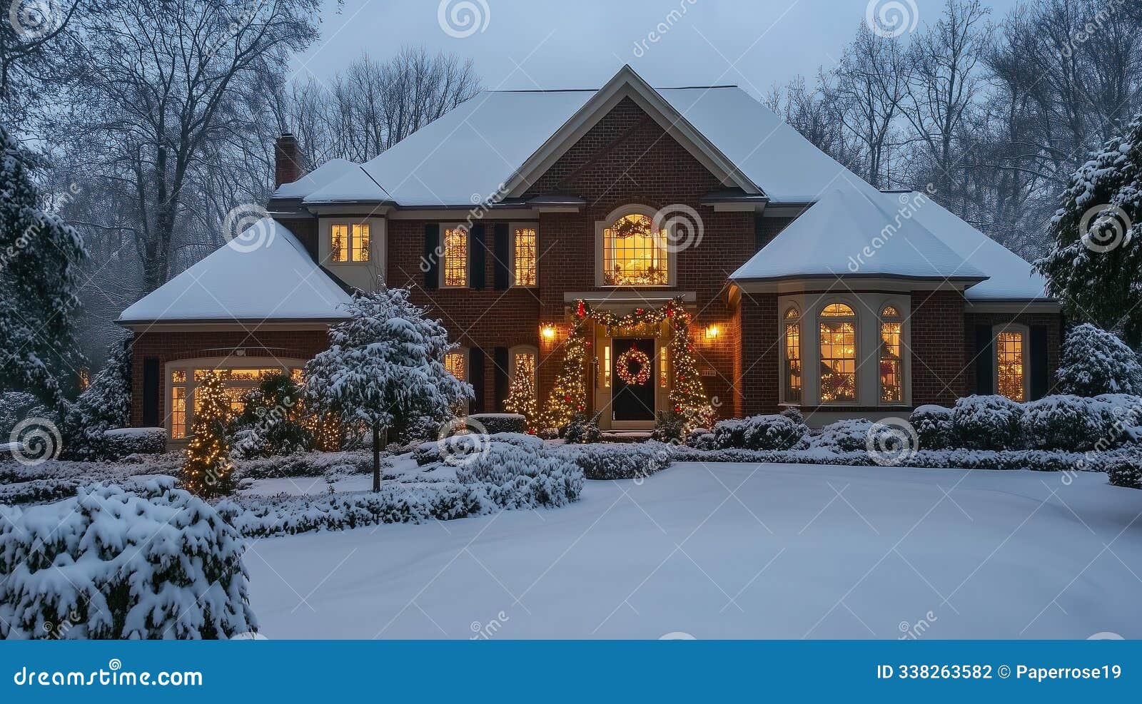 House Exterior Christmas Decorations in the Snow Stock Photo - Image of ...