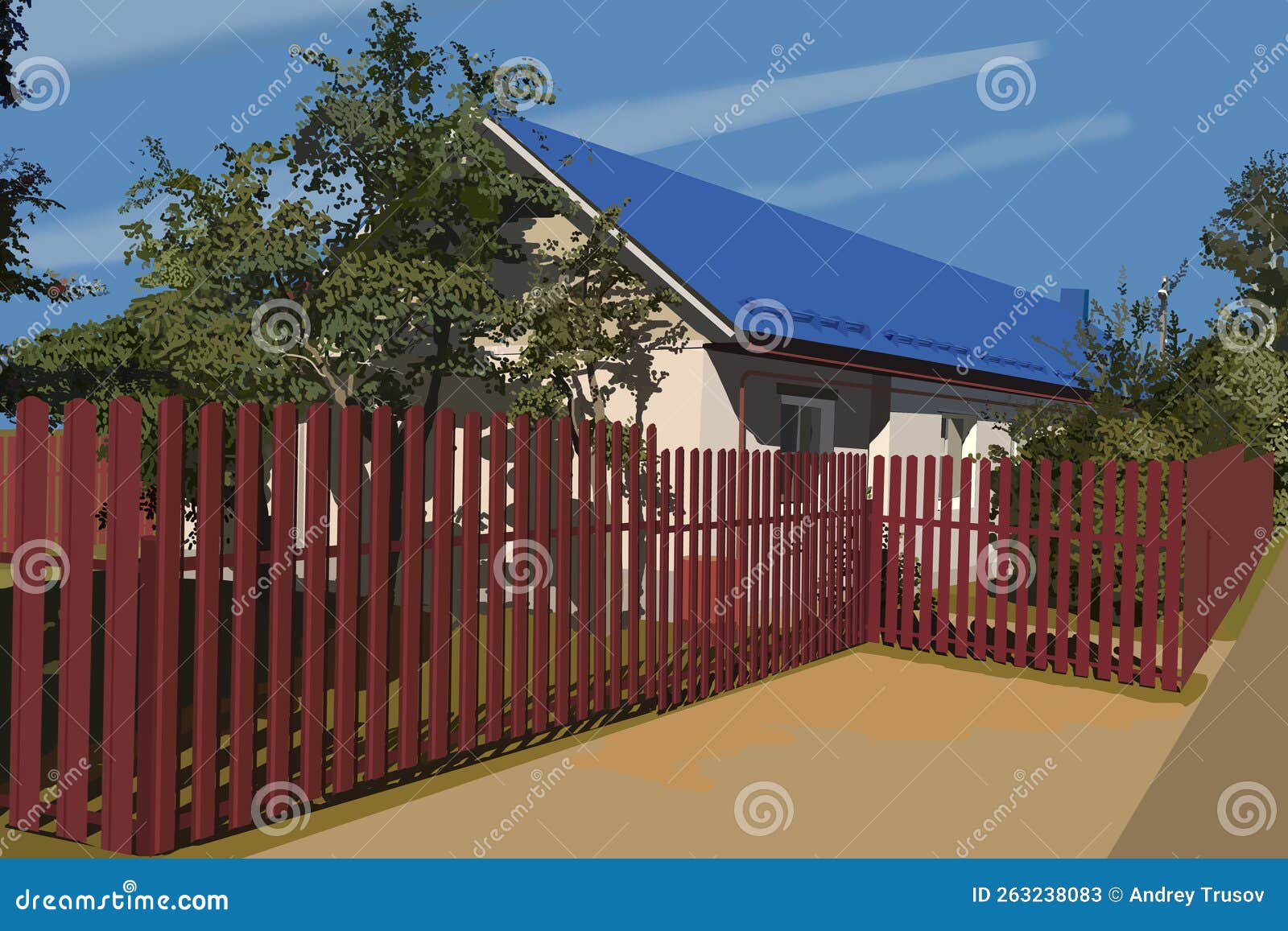 House and Fence Made of Iron Picket Fence Stock Illustration ...