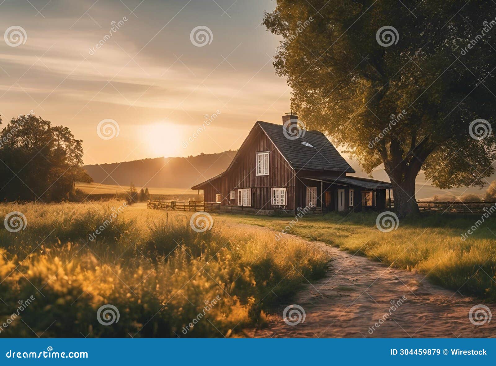 A House in a Field with Trees and Sun in the Background Stock ...