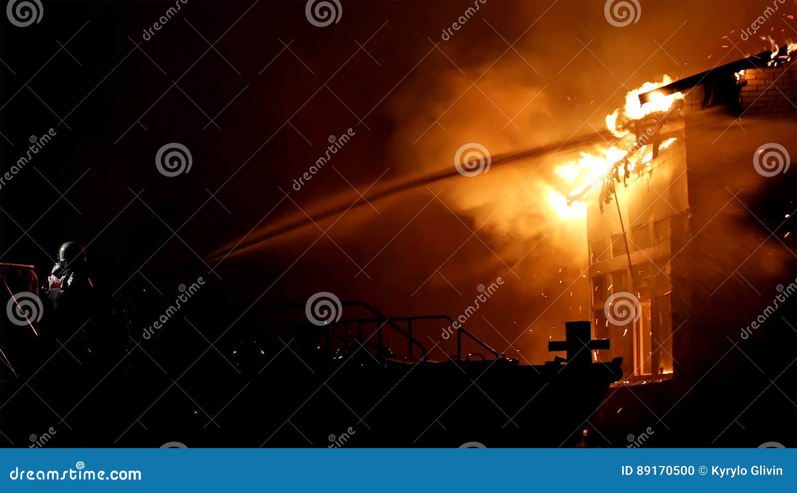 House on Fire. Conflagration. Fireman Fights Fire. Stock Photo - Image ...