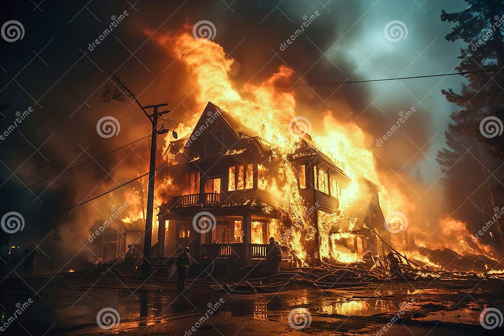 A House on Fire with Firemen in Front of it. a Burning House in Flames ...