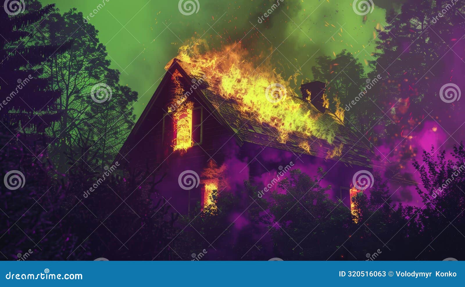 House on Fire in Forest at Night with Vibrant Colors, Dramatic Scene ...