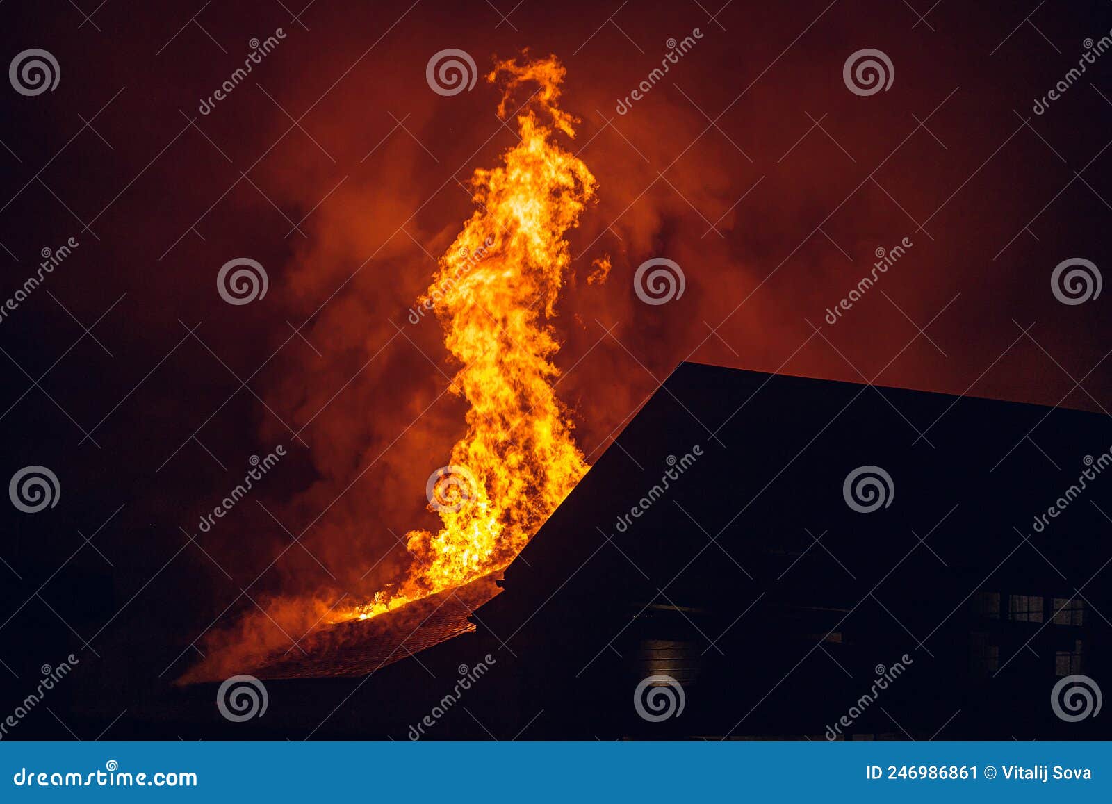 House on fire at night stock image. Image of element - 246986861