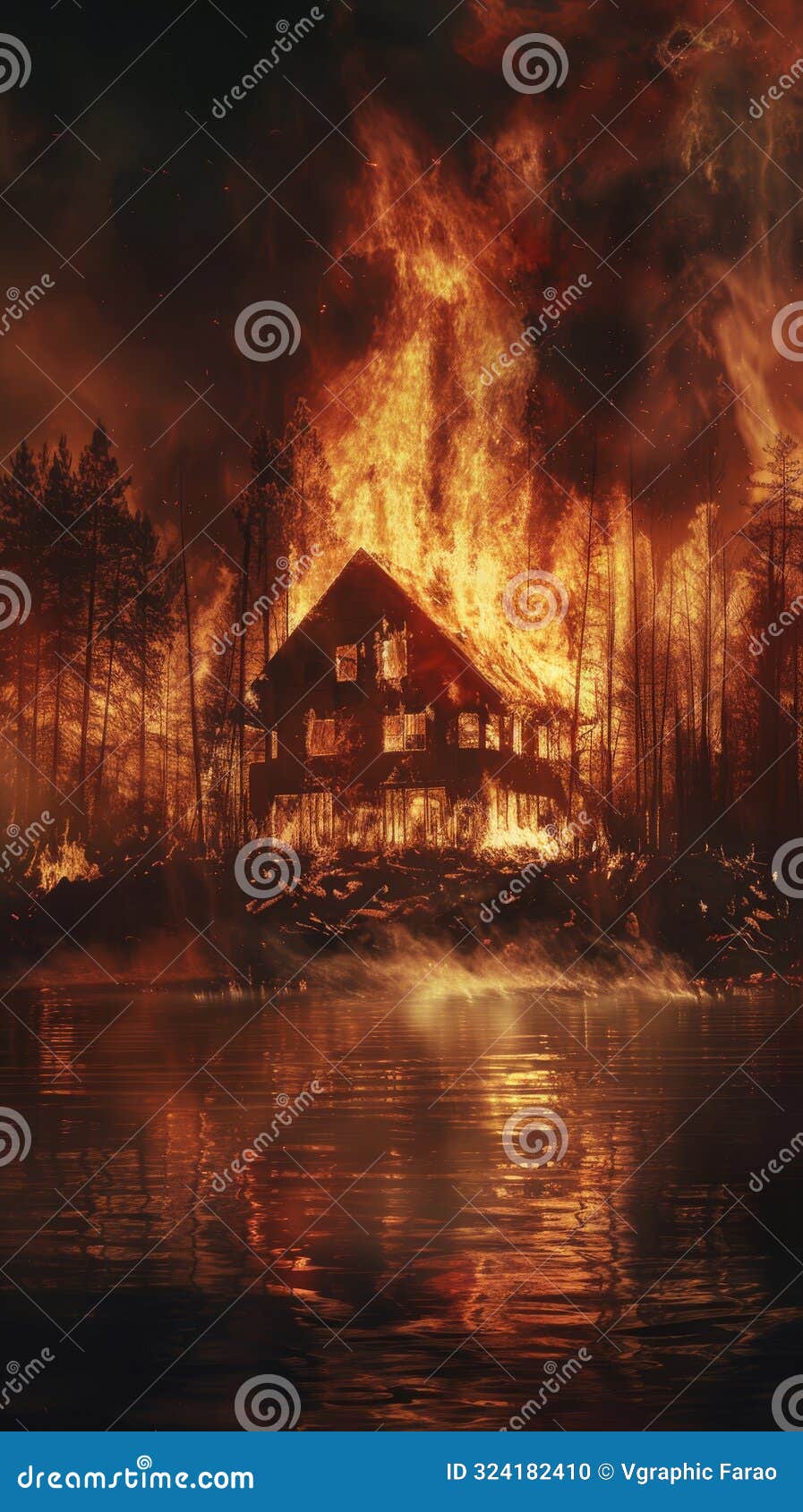 House on Fire at Night by a Lake with Reflected Flames, Dramatic ...