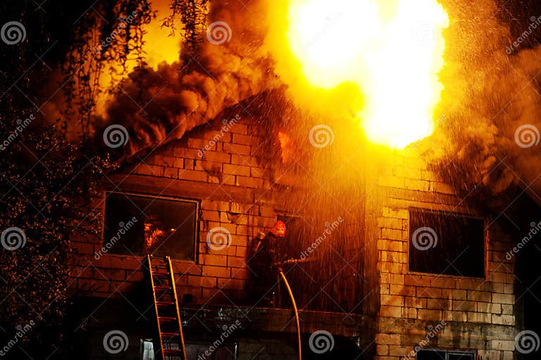 House in fire stock image. Image of danger, brick, light - 53500973