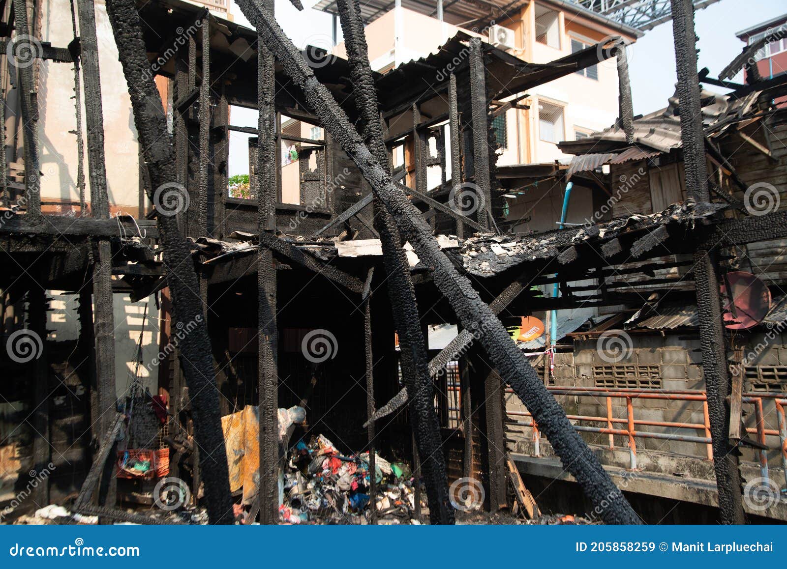 House on Fire in a Village, Rubble after the Fire. Editorial Stock ...