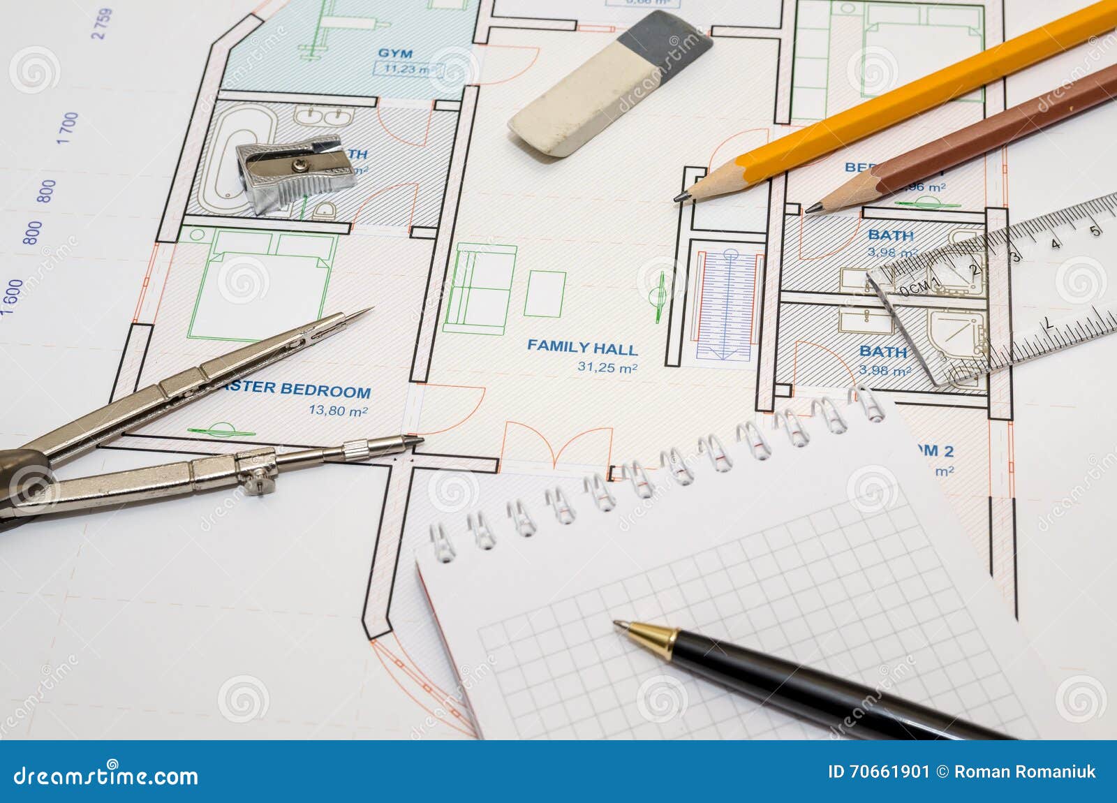 House Floor Plan with Drawing Compass Stock Image - Image of ...