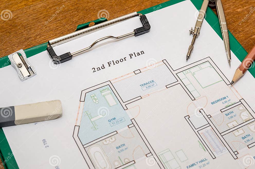 House Floor Plan with Drawing Compass Stock Photo - Image of compass ...