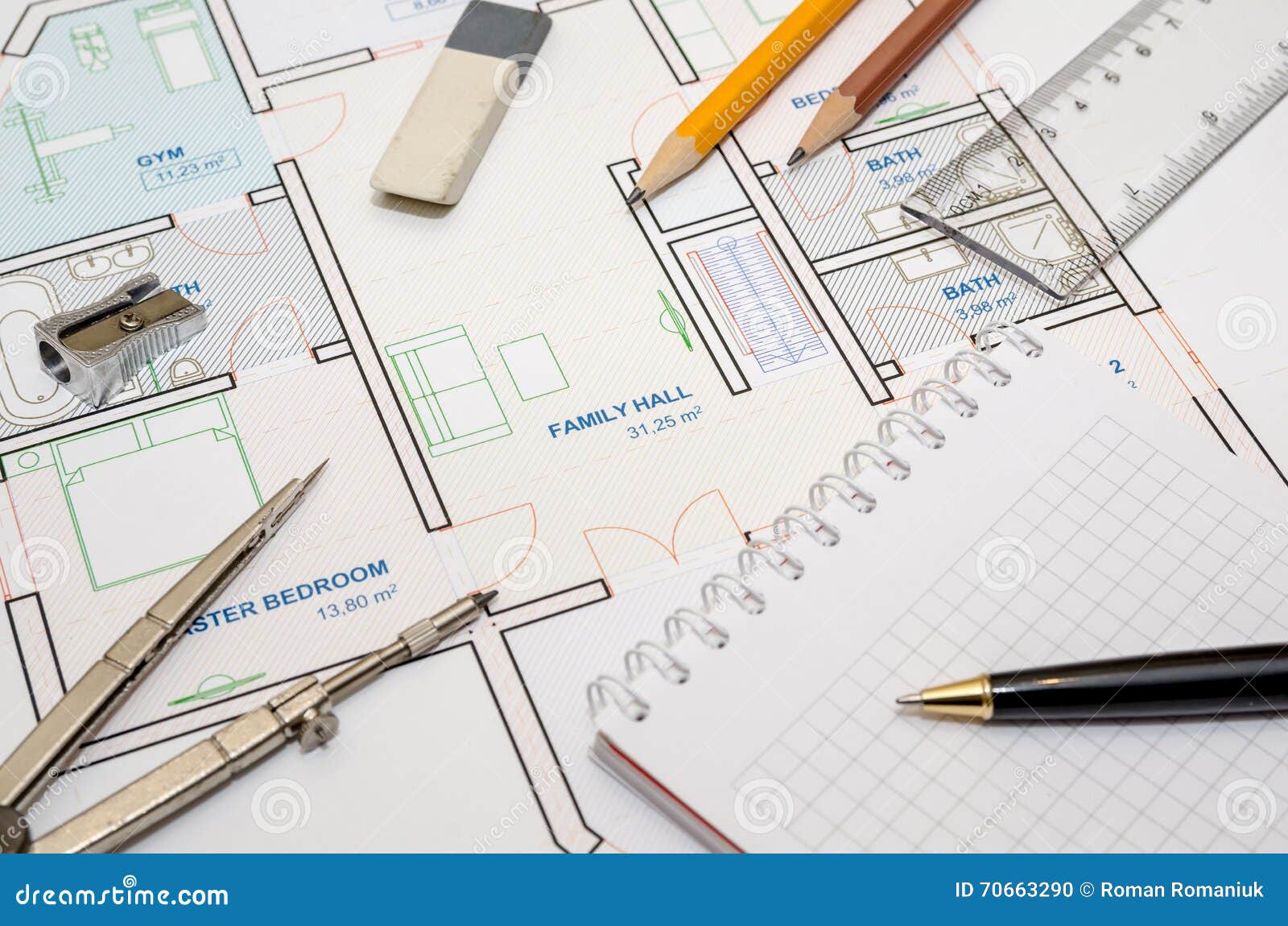 House Floor Plan with Drawing Compass Stock Photo - Image of industry ...
