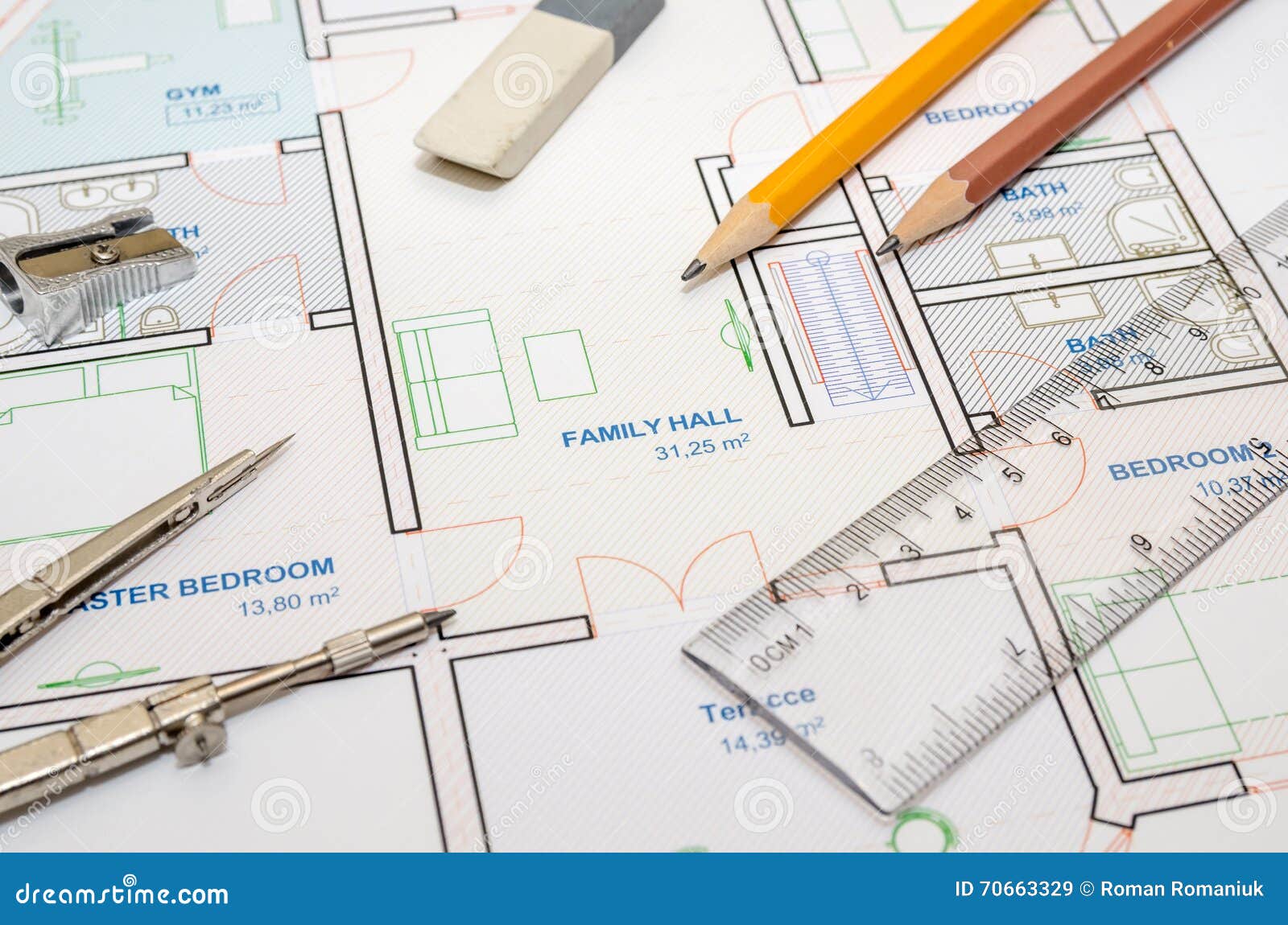 House Floor Plan with Drawing Compass Stock Image - Image of ...