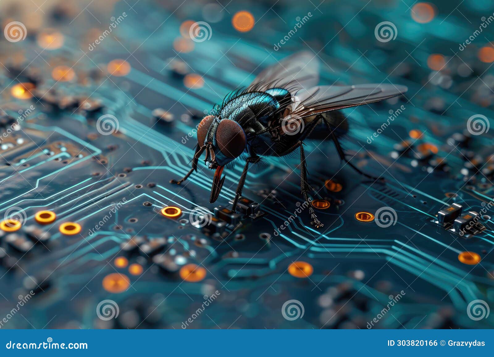 House Fly on the Computer Circuit Board. Spying Technology Concept ...