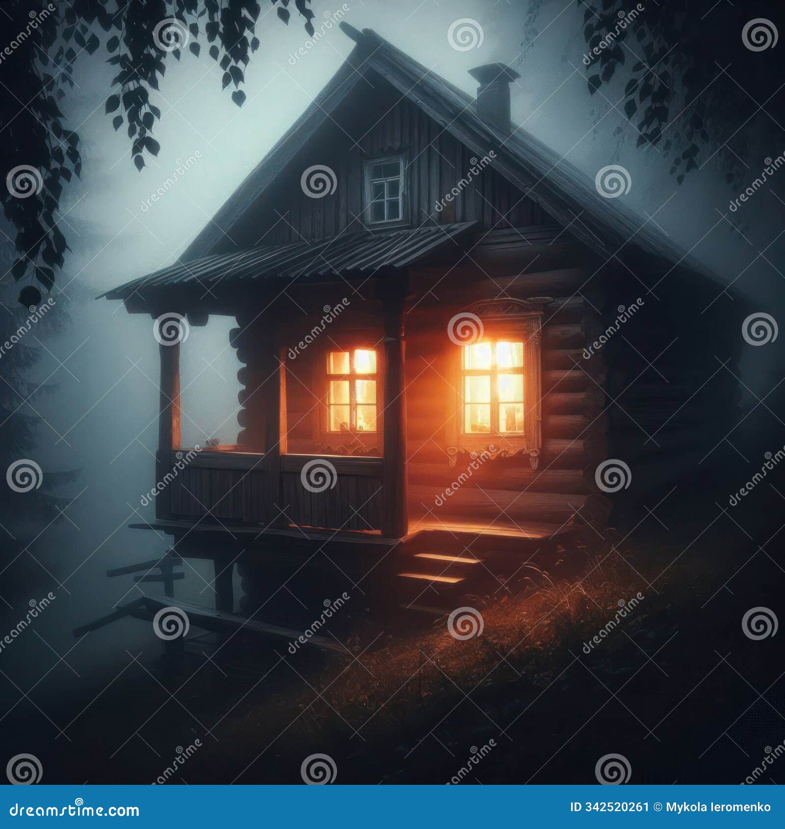A House in the Forest with Burning Windows at Night. Stock Image ...