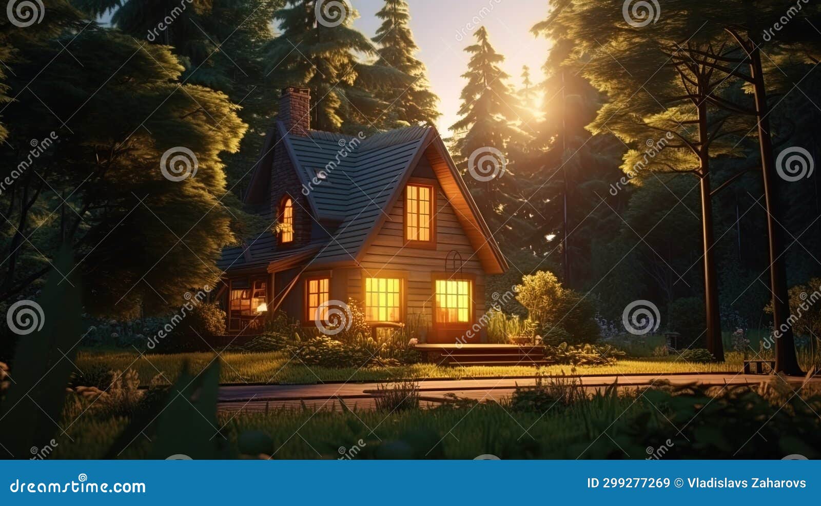 A House in a Forest with Warm Light in the Windows Stock Illustration ...