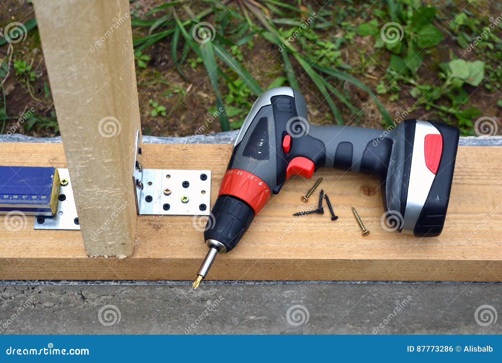 House Foundation Fragment with Drill, Screws and Other Tools Stock ...