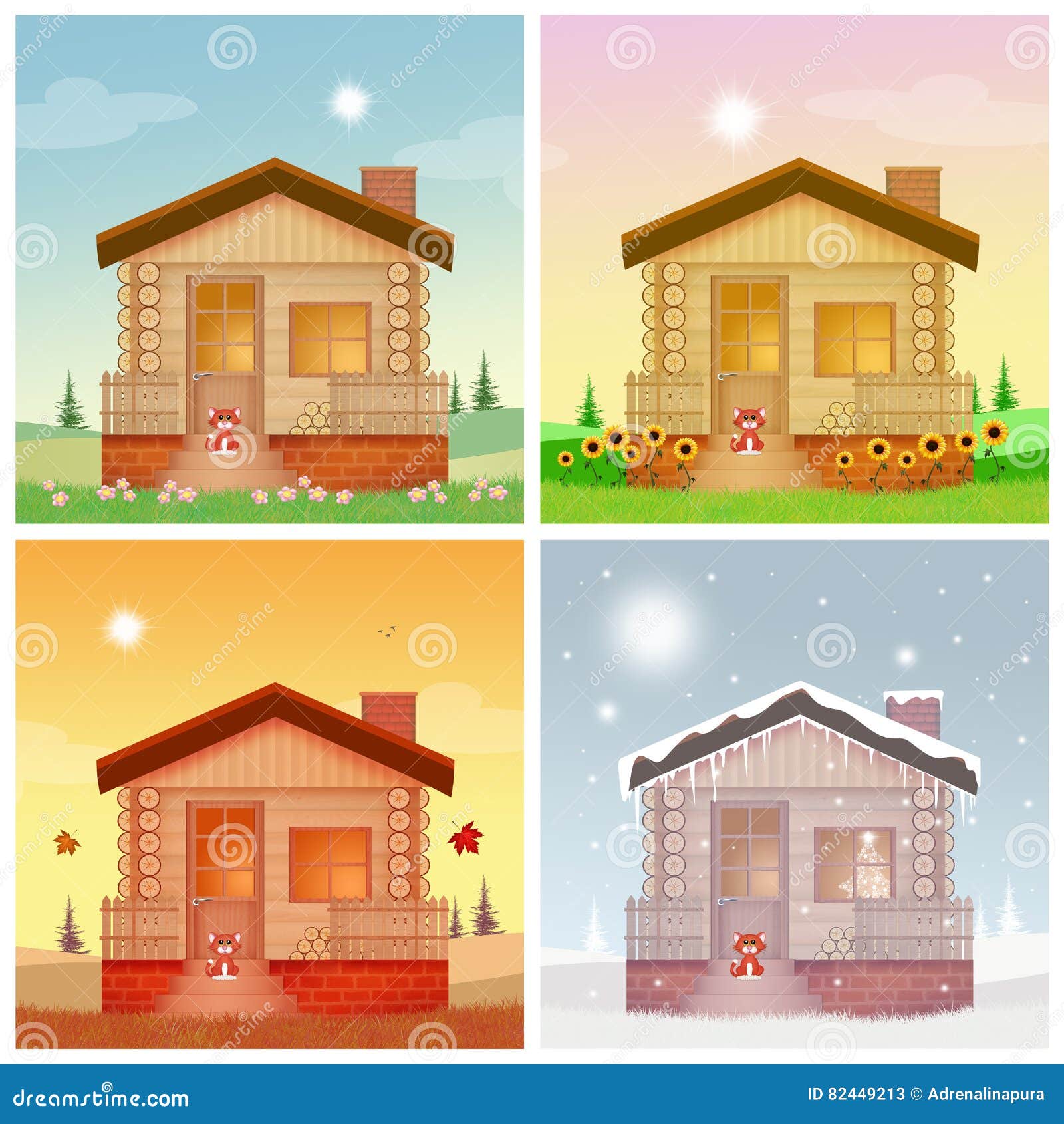 House in the four seasons stock illustration. Illustration of snow ...