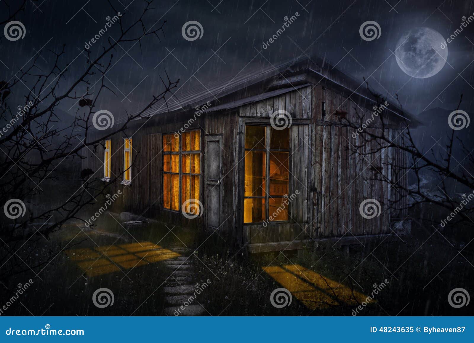 House with Glowing Windows at Night Stock Image - Image of cold, dark ...
