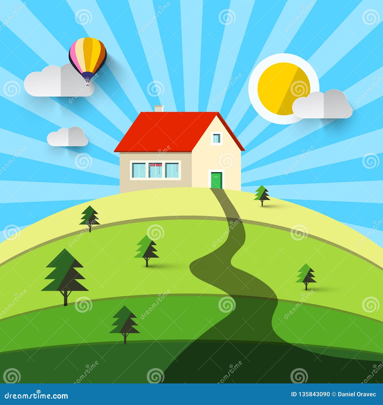 House on Hill. Vector Flat Design Natural Landscape Stock Vector ...
