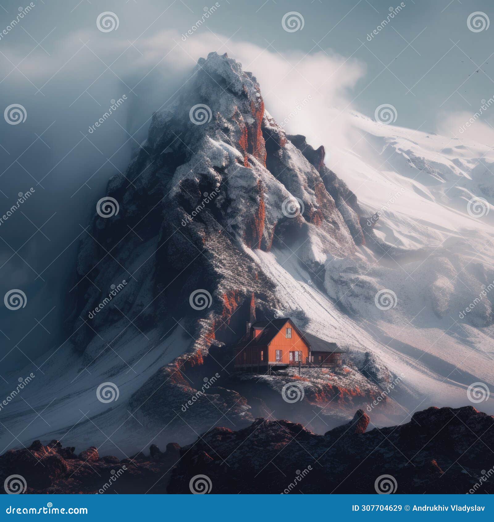 A House Inside a Volcano beside the Ice Mountain Stock Illustration ...