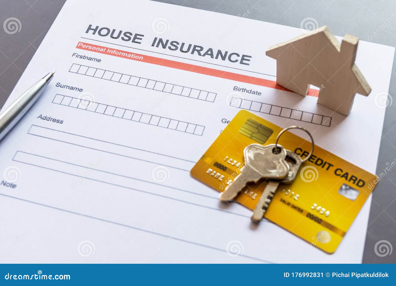 House Insurance Form with Model and Policy Document Stock Image - Image ...