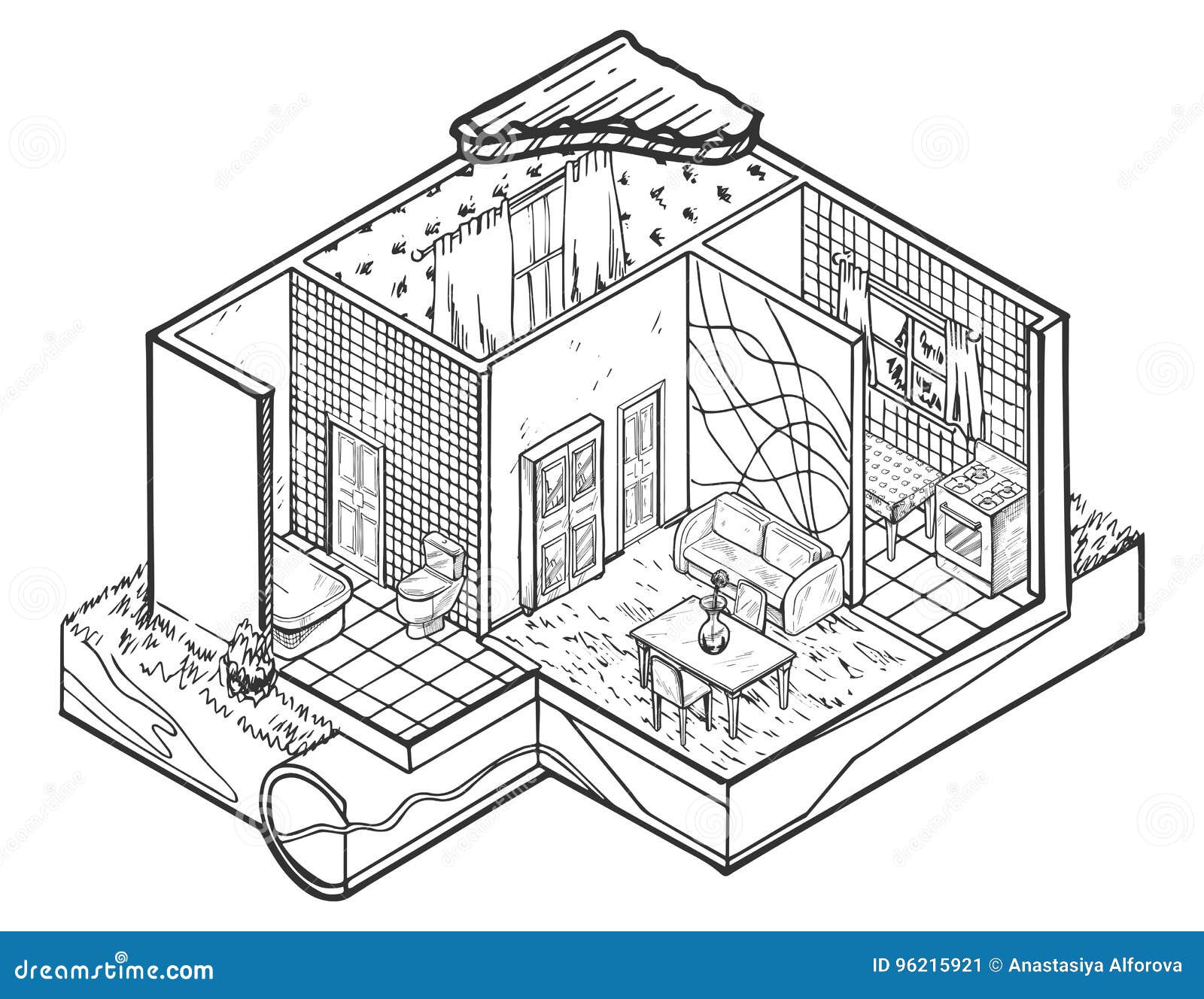 House Interior Hand Drawn Architecture Illustration Stock Vector ...
