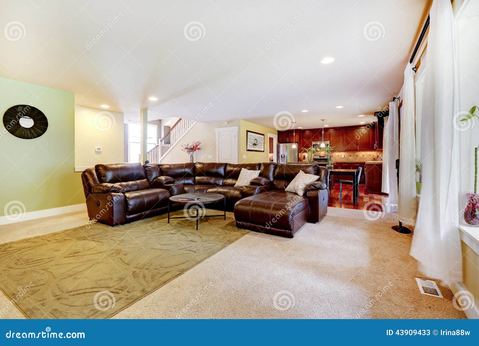 House Interior. Living Room with Cozy Leather Couch Stock Image - Image ...