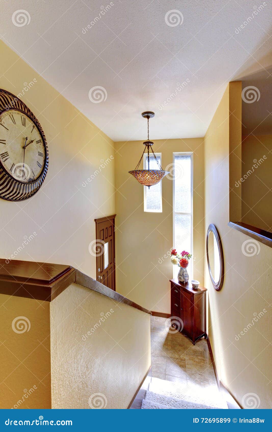 House Interior, Yellow Split Level Hallway with Clock. Stock Image ...