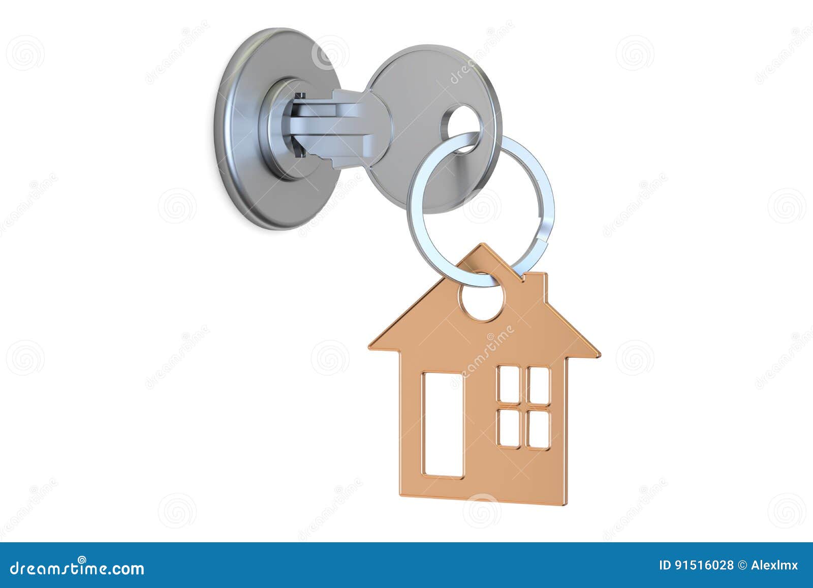 House Key with Keychain in the Lock, 3D Rendering Stock Illustration ...